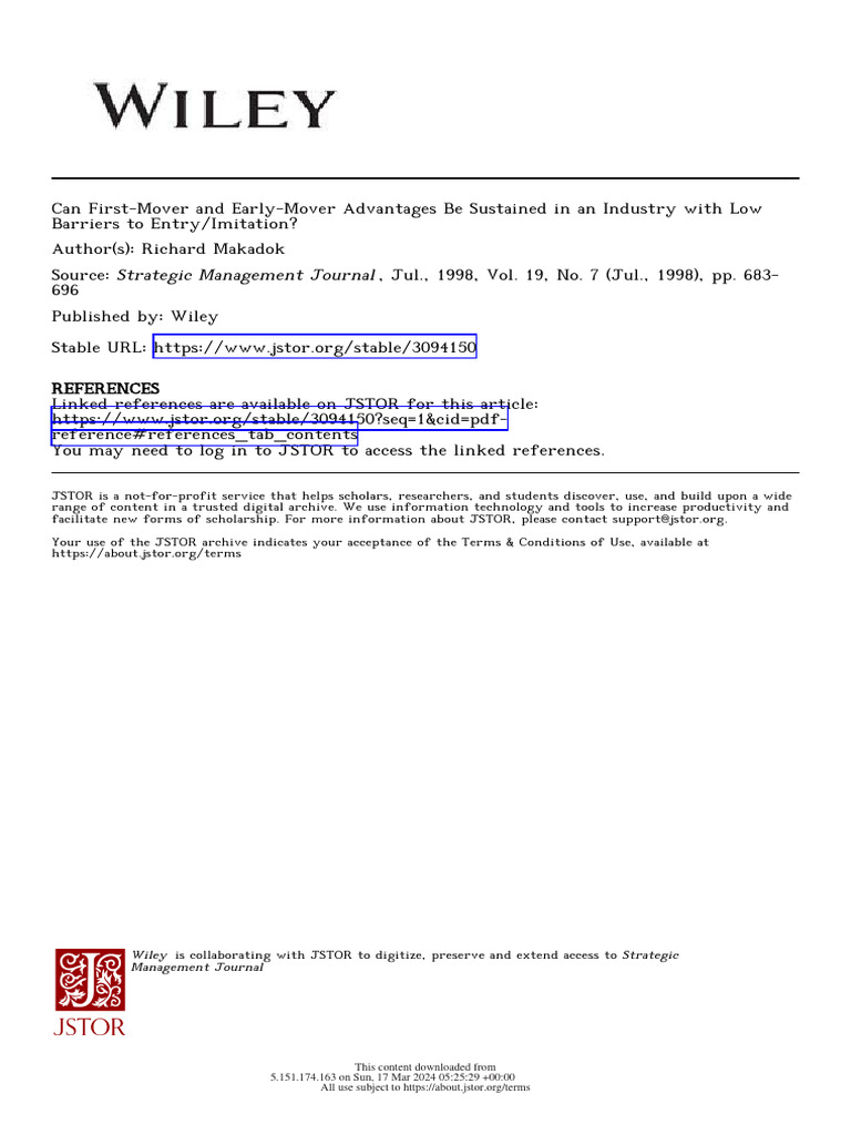 Sustaining First-Mover Advantages in Low-Entry Industries | PDF | Money ...