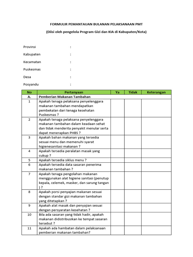 Formulir Pemantauan Bulanan Pelaksanaan PMT | PDF | Kesehatan Holistik ...