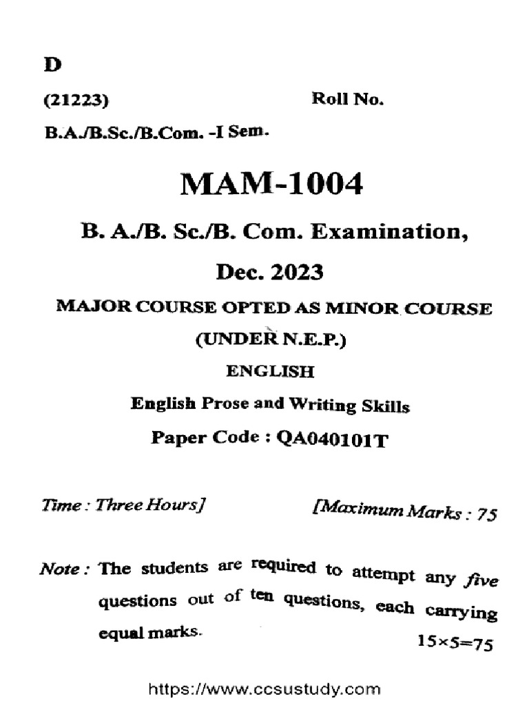 Ba BSC Bcom 1 Sem English English Prose and Writing Skills Mam 1004 Dec 2023 | PDF
