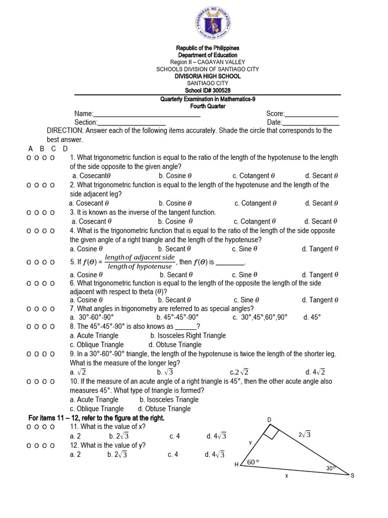 4th Quarterly Examination (Math 9) | PDF | Trigonometric Functions | Trigonometry