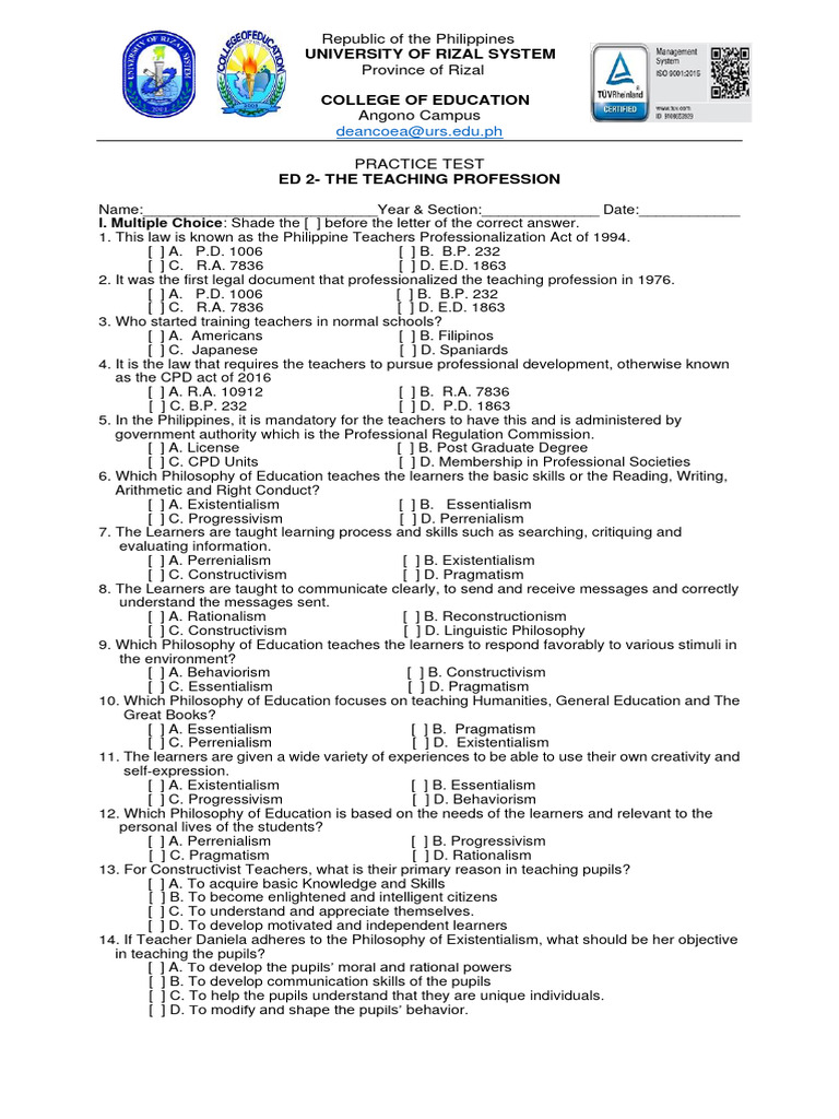 Teaching Profession Practice Test | PDF | Teachers | Learning