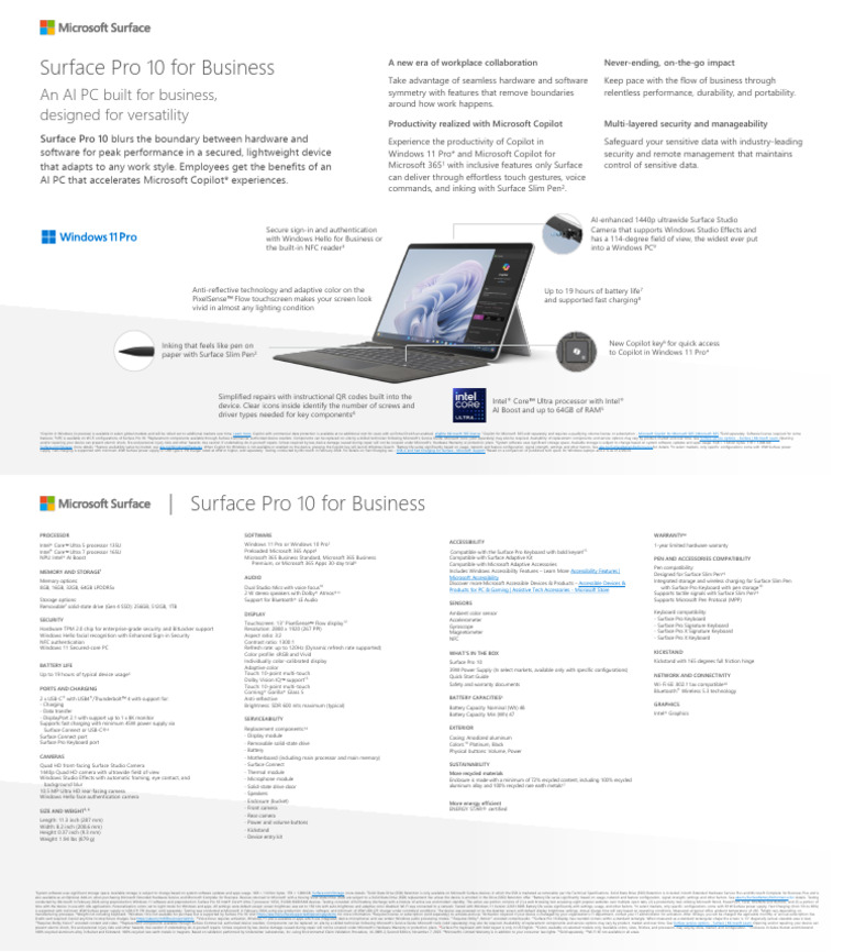 MSFT Microsoft Surface Pro 10 Fact Sheet ROW | PDF | Solid State Drive ...