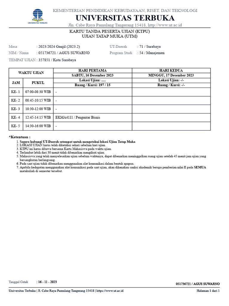 Jadwal UAS Semester 1 KTPU UTM - 051736721 | PDF