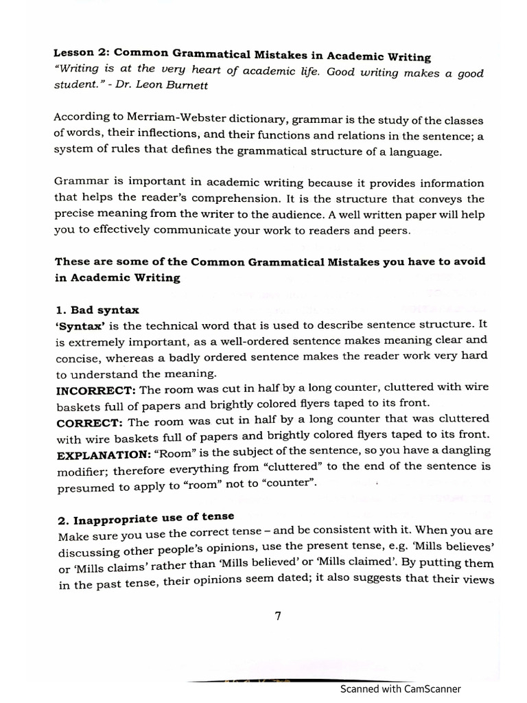Lesson 2 - Common Grammatical Mistakes in Academic Writing | PDF