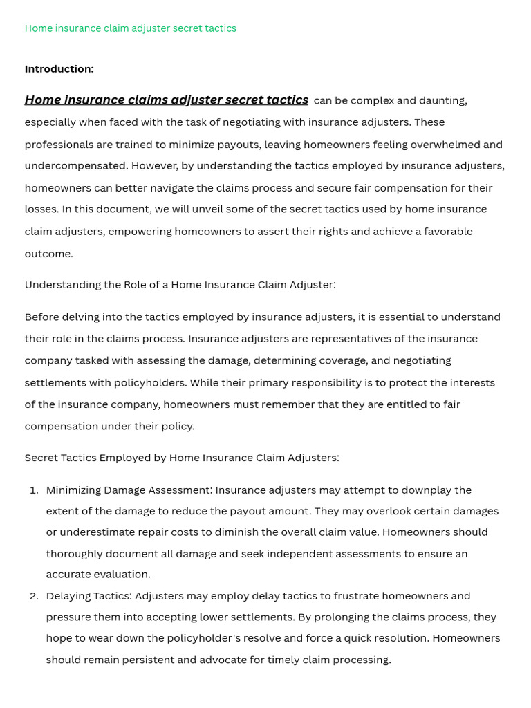 Home Insurance Adjuster Tactics Unveiled | PDF | Insurance | Home Insurance