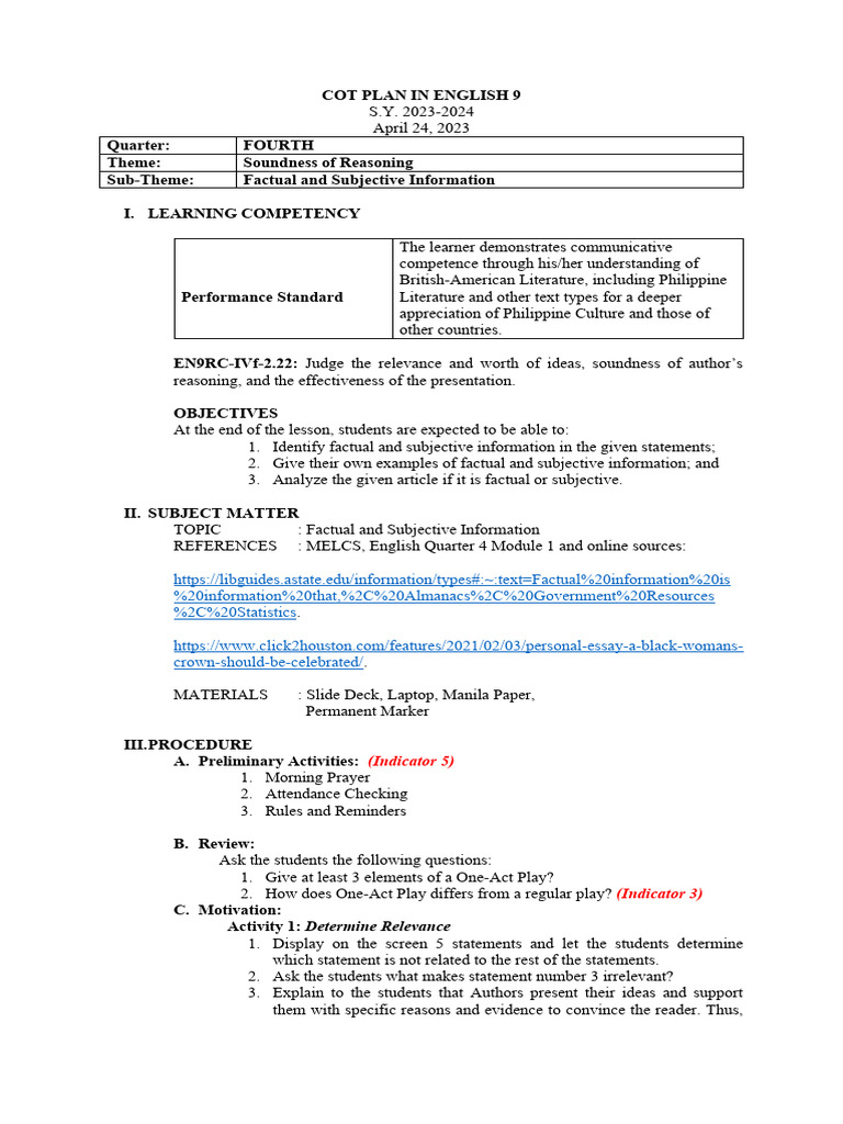 Cot Plan in English 9 Quarter 4 | PDF | Learning | Facebook