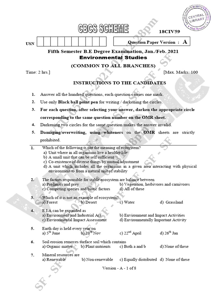 Environmental Studies Exam Paper | PDF | Greenhouse Gas | Natural ...
