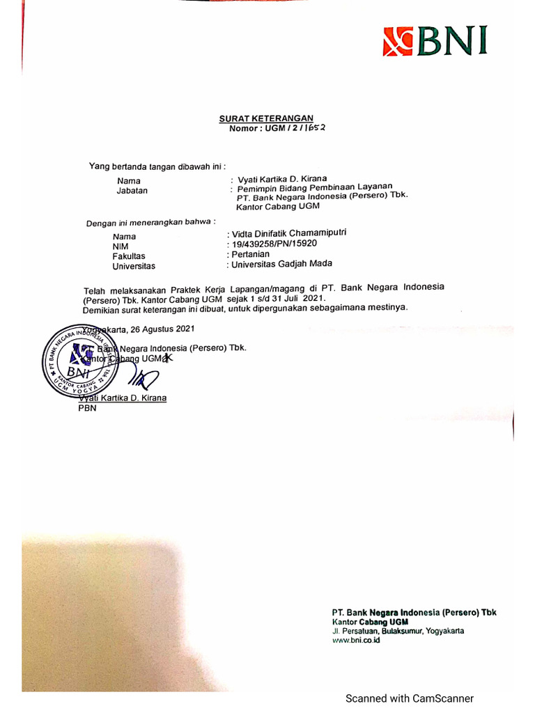 Surat Keterangan Magang BNI | PDF