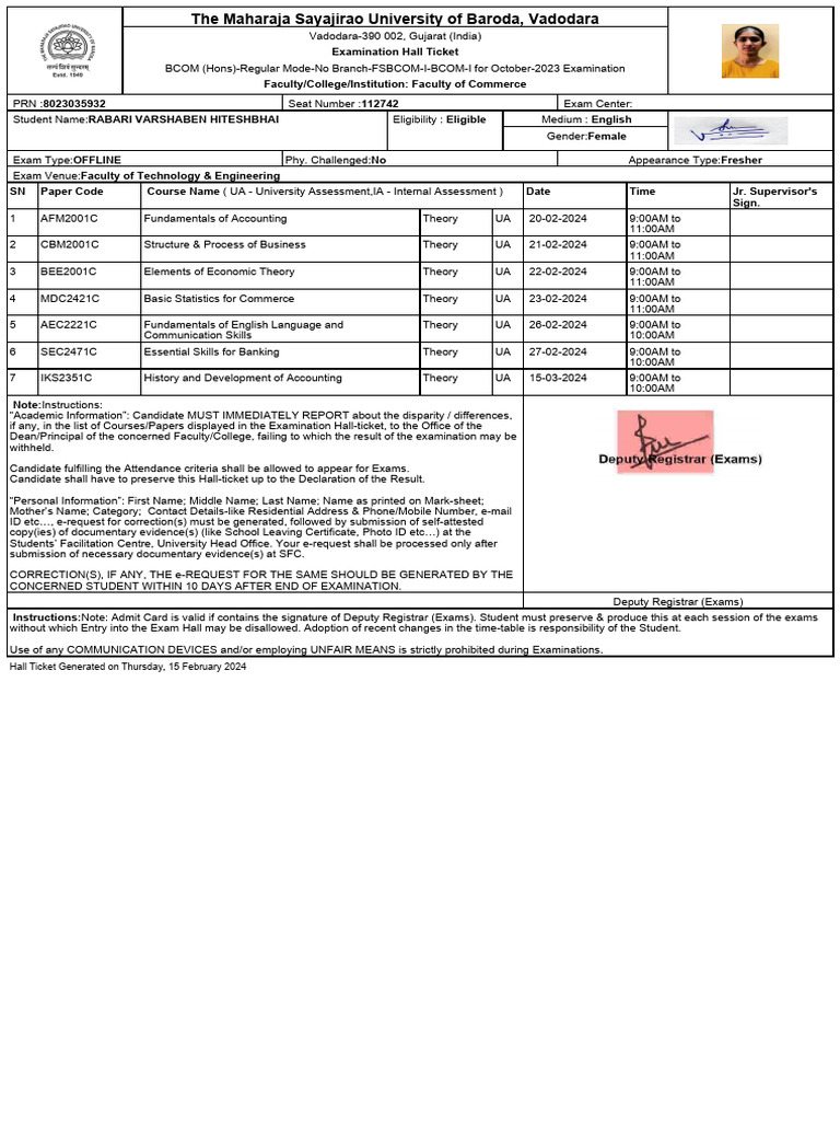 BCOM Exam Hall Ticket Feb 2024 | PDF