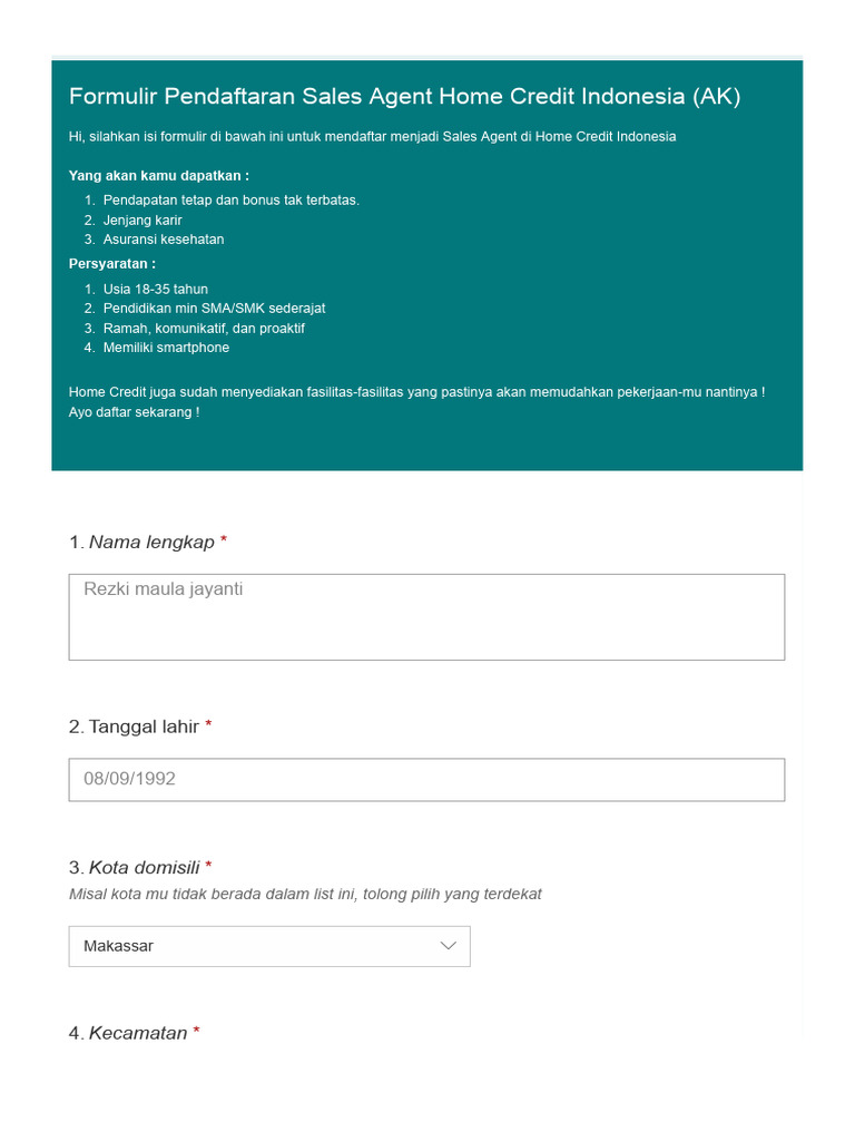 Formulir Pendaftaran Sales Agent Home Credit Indonesia (AK) | PDF | Karier & Perkembangan