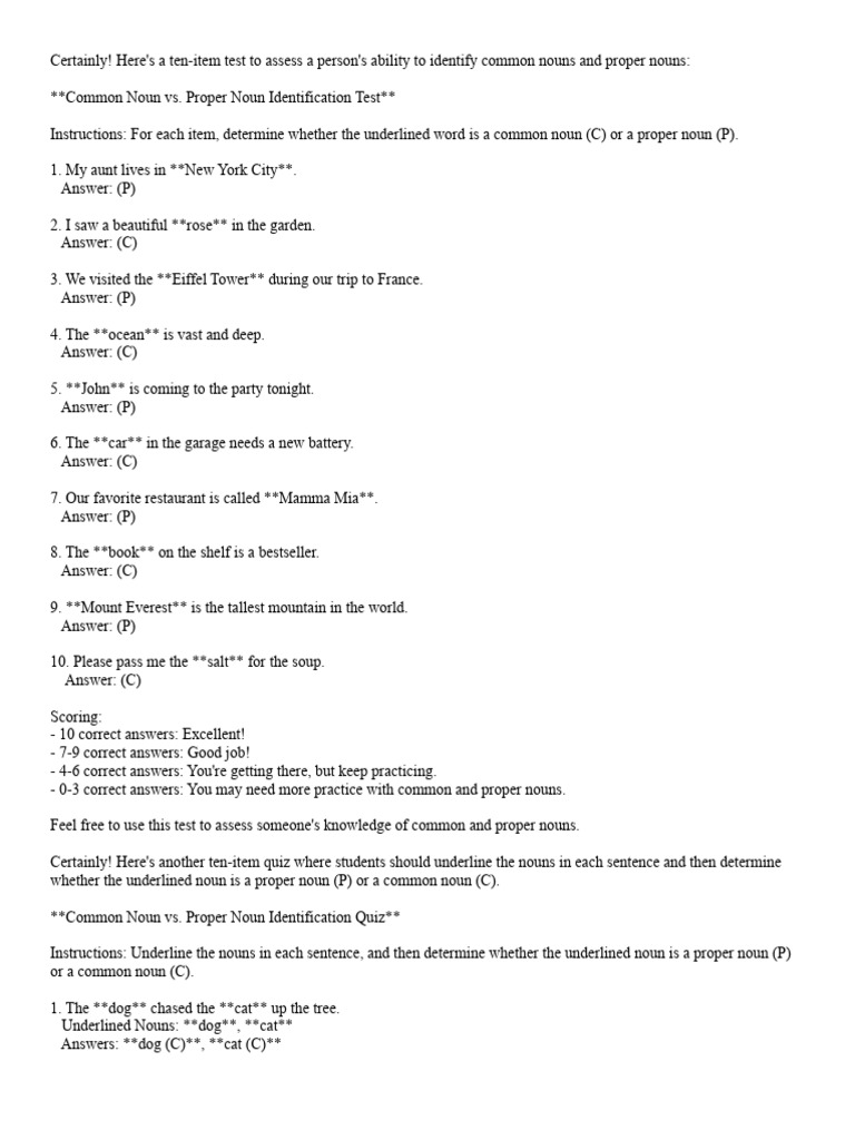 Common Noun Proper Noun Quiz | PDF