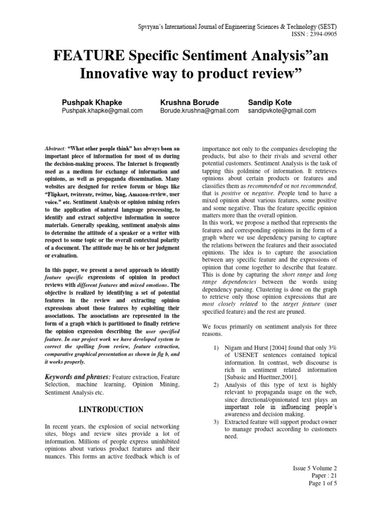 Feature Specific Sentiment Analysis An Innovative Way To Product Review Pdf Linguistics