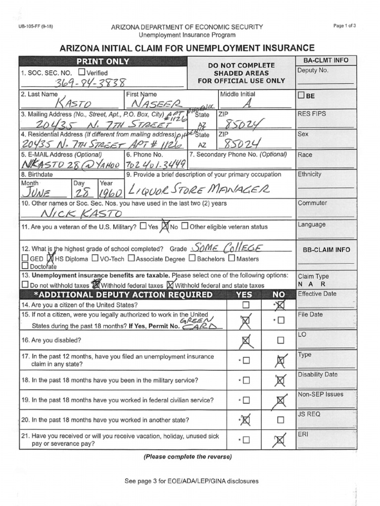 AZ Dept of Economic Safety Form | PDF