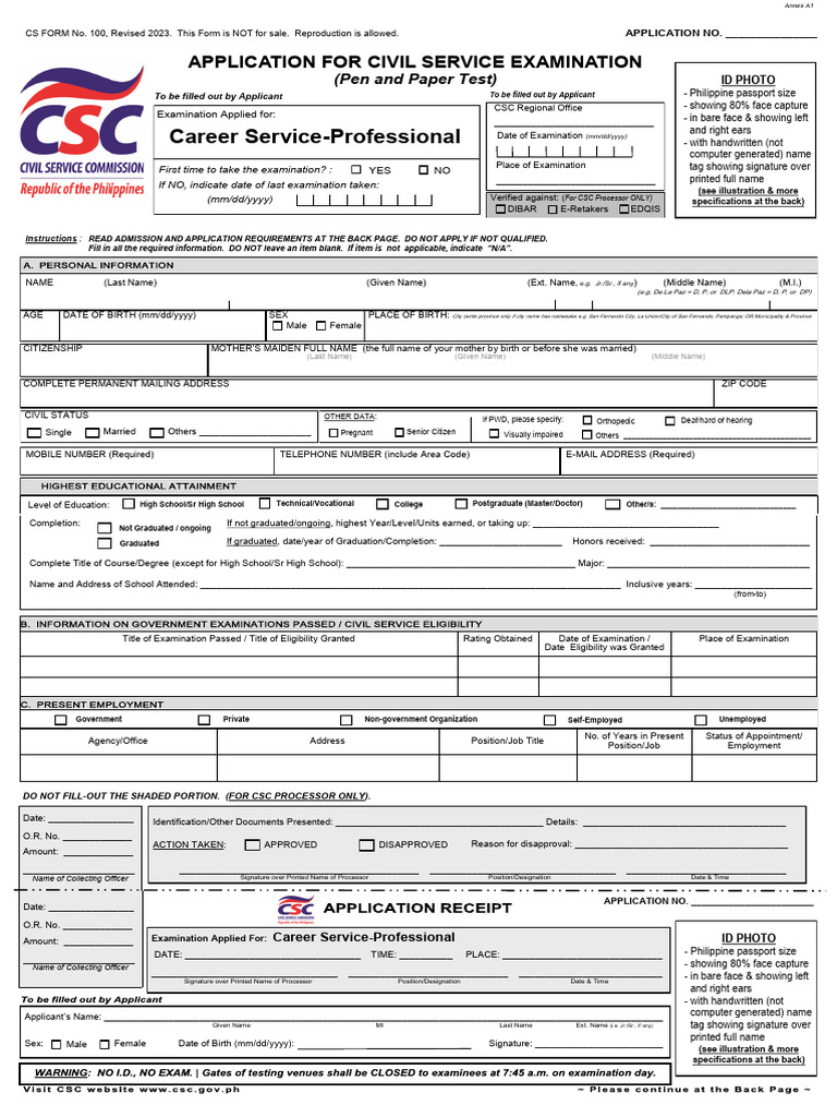 Annex A1 - CS Form 100 - Revised 2023 - CSE (P) - A1 - Edited - A1 | PDF | Identity Document ...