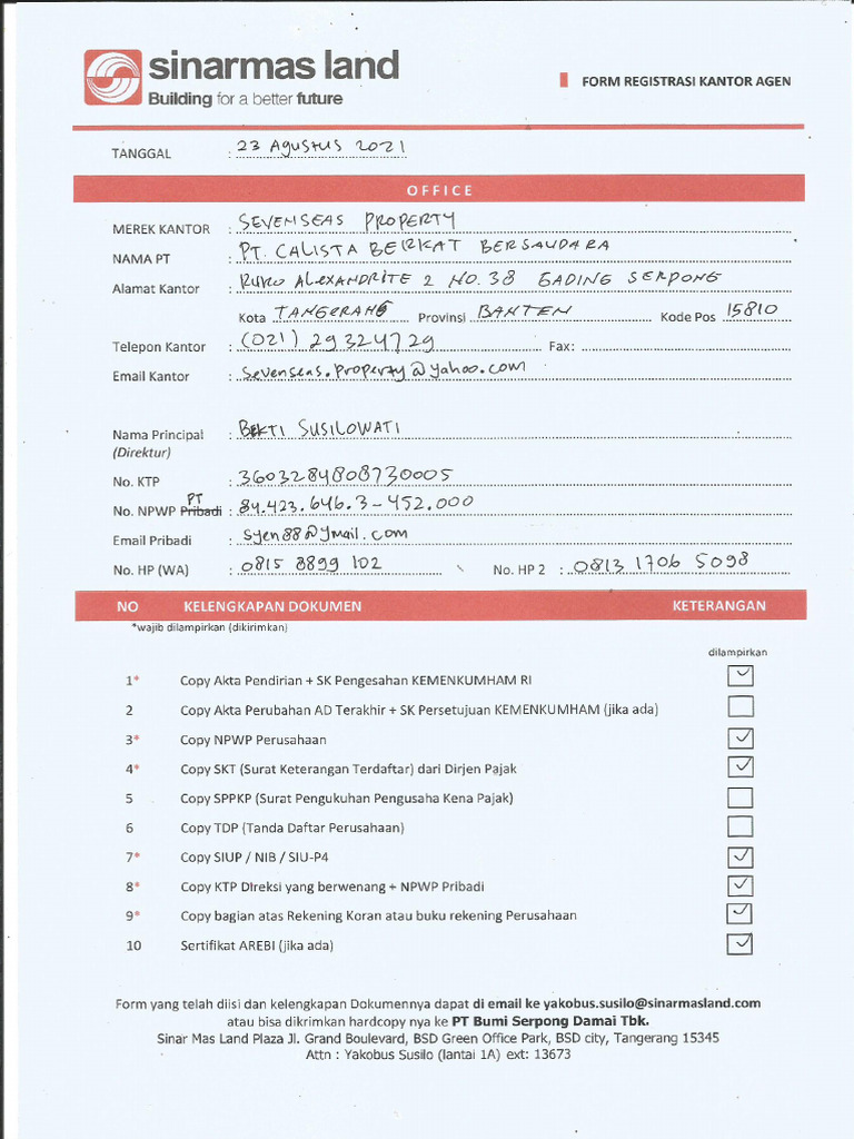 Form Registrasi Kantor Agen ( Sinarmas Land ) | PDF