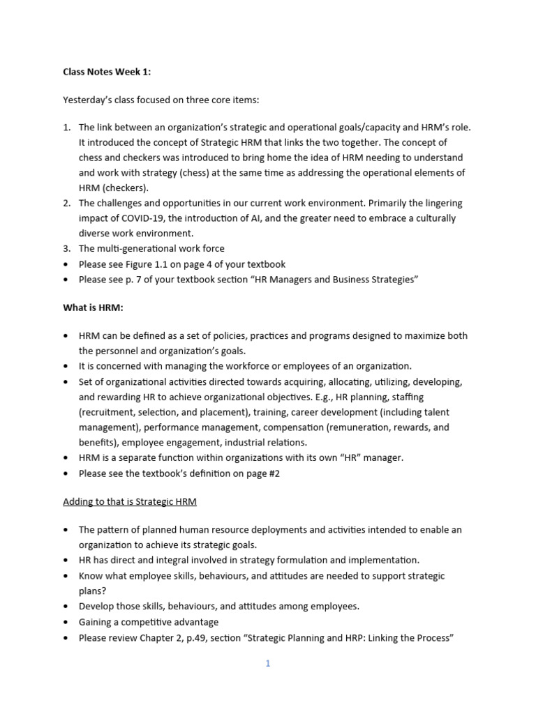 Week1 - Class Notes For Students | PDF | Human Resource Management ...
