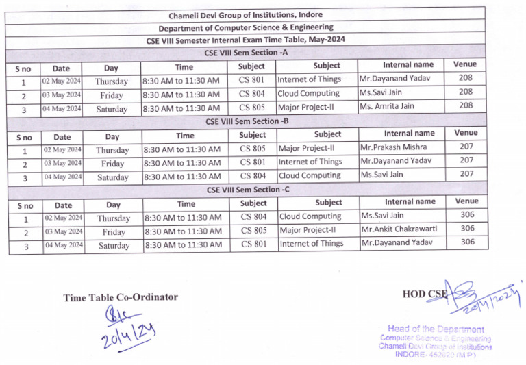 Internal Time Table Cse Viii Semester | PDF