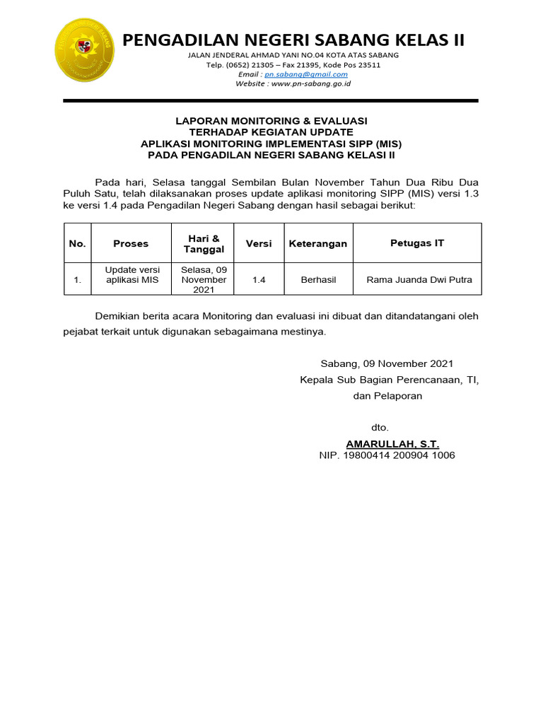 Laporan Hasil Dan BA Monev Update MIS VERSI 1 TIITK 4 | PDF