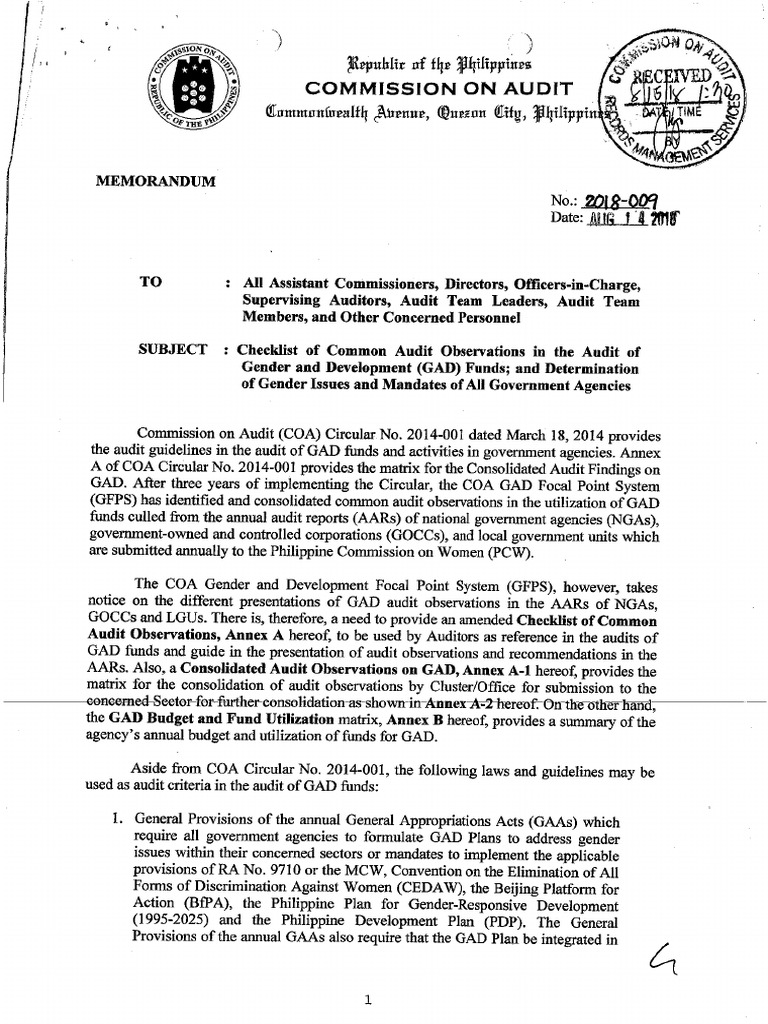 COA Memorandum No. 2018-009 Dated August 14, 2018 Re Checknlist of ...