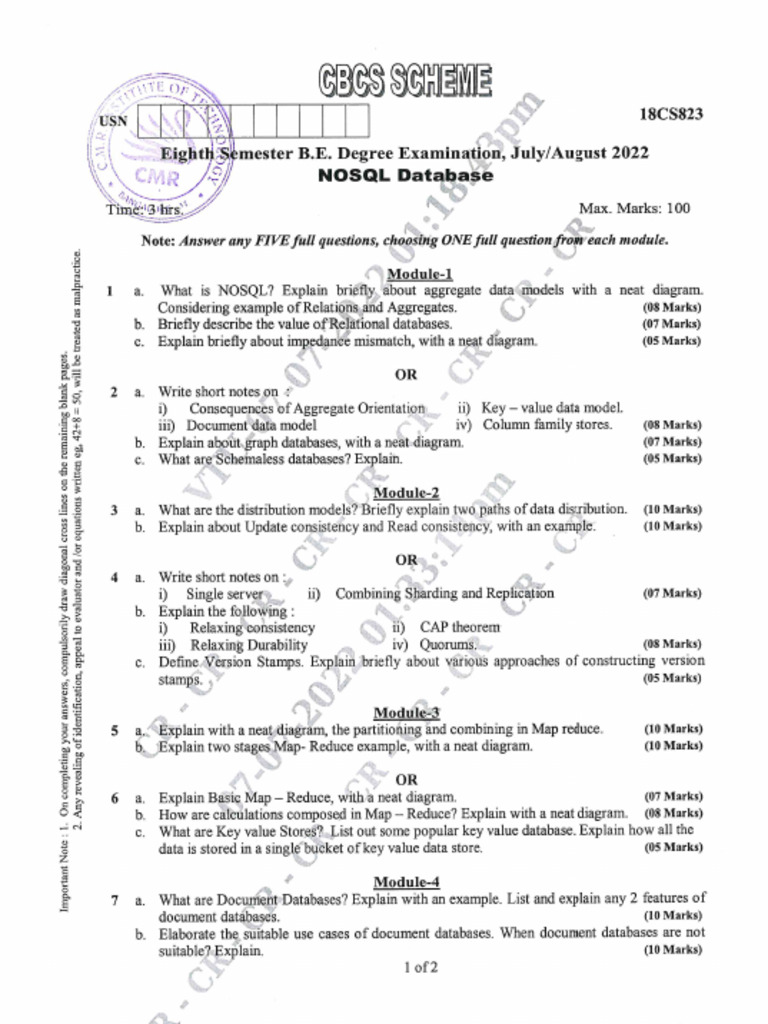 VTU Question Paper of 18CS823 NOSQL Database June-2022 | PDF