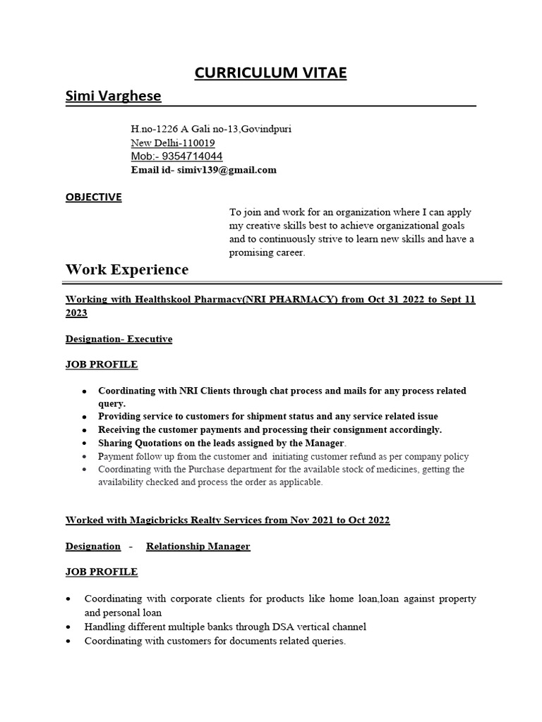 Simi Varghese's Professional CV | PDF | Customer Relationship ...