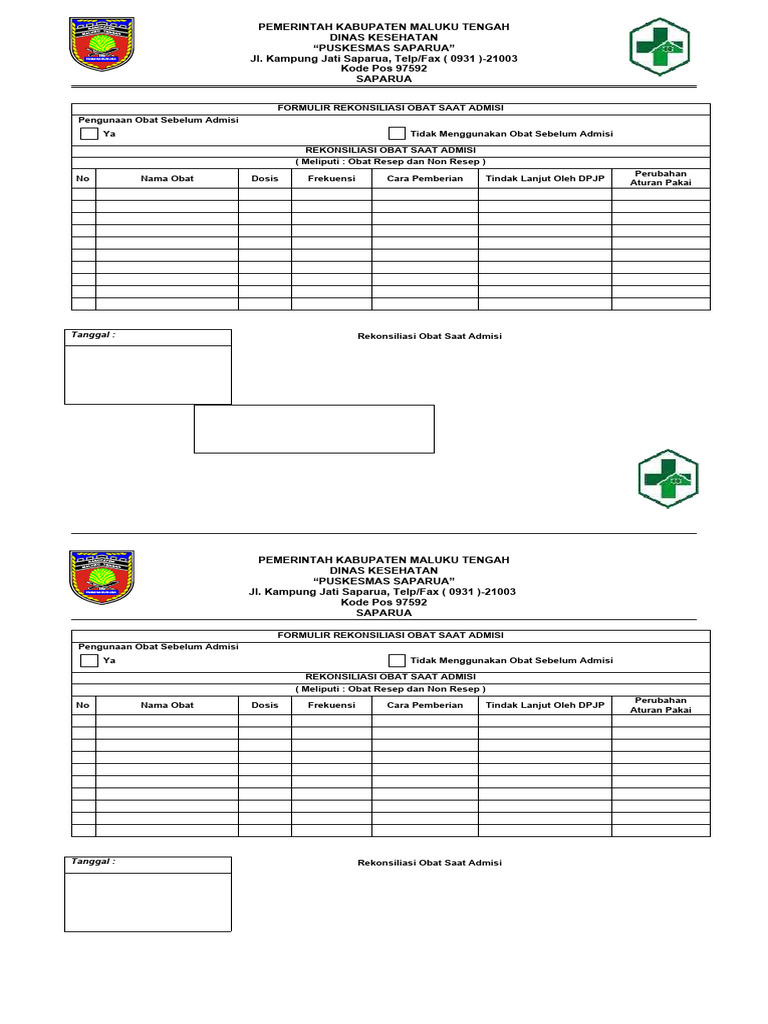 Formulir Rekonsiliasi Obat Saat Admisi | PDF