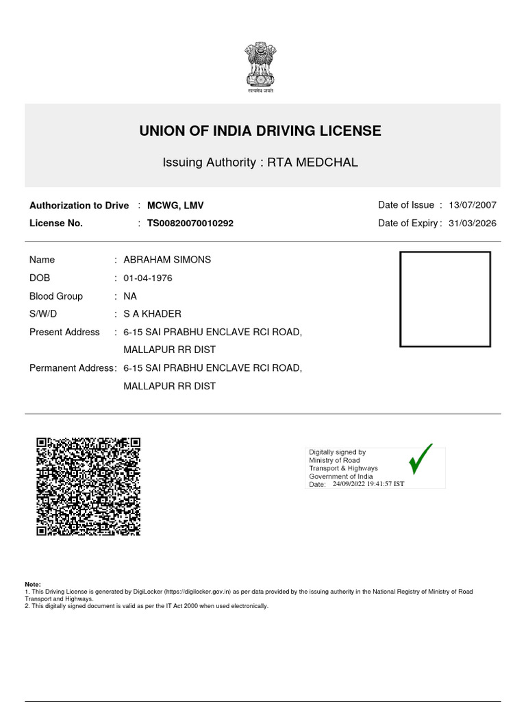 Union of India Driving License Details | PDF