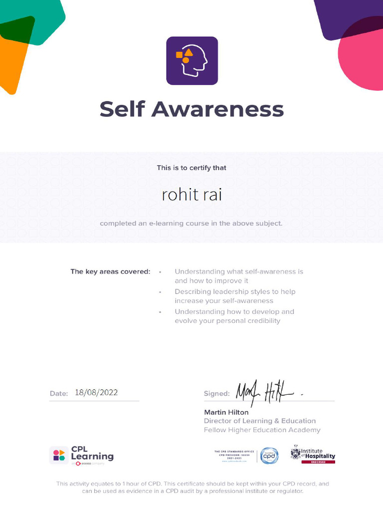 Self Awareness-Certificate - Ashx | PDF
