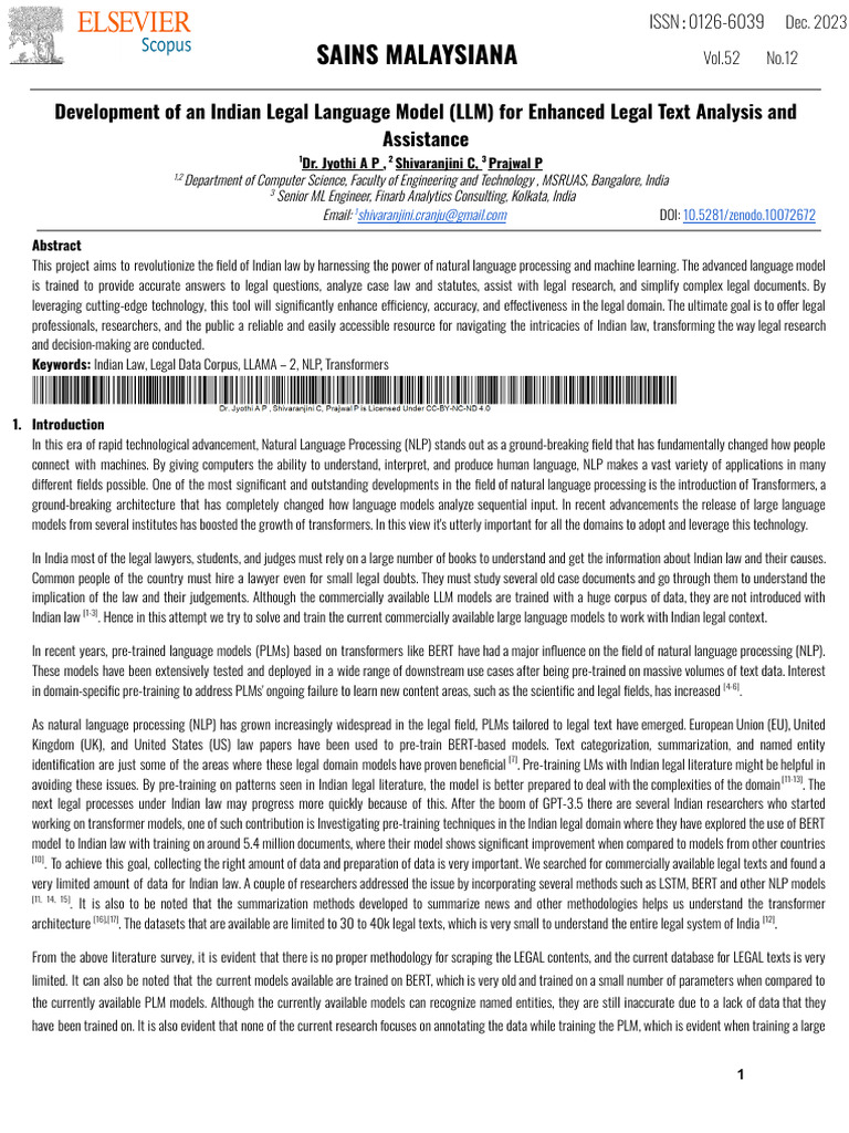 Development of An Indian Legal Language Model (LLM) For Enhanced Legal ...