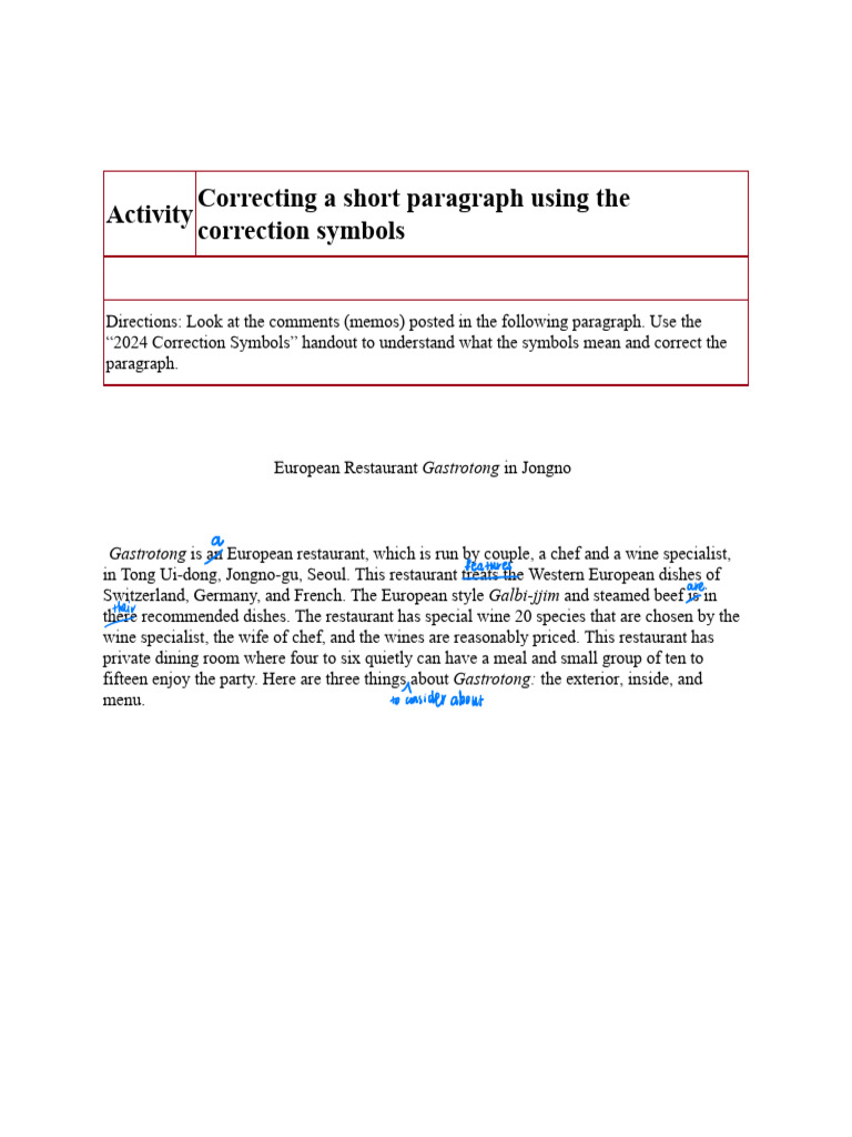 Correcting a Paragraph Activity | PDF | Restaurants | Experience