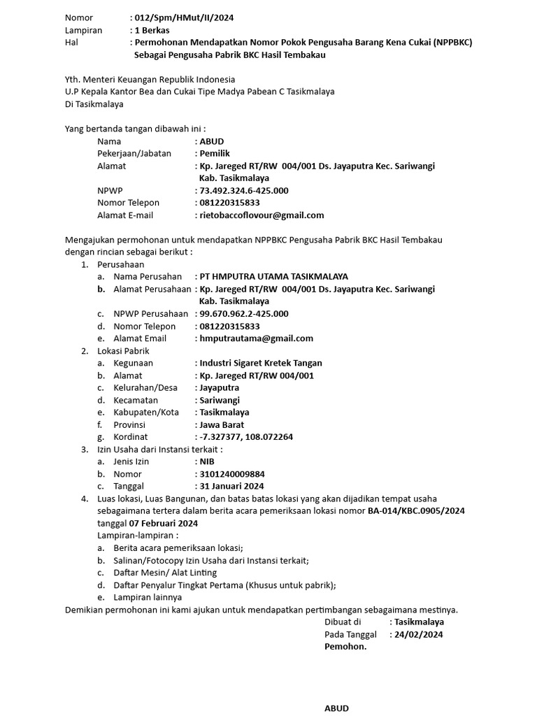 Surat Pengajuan NPPBKC | PDF