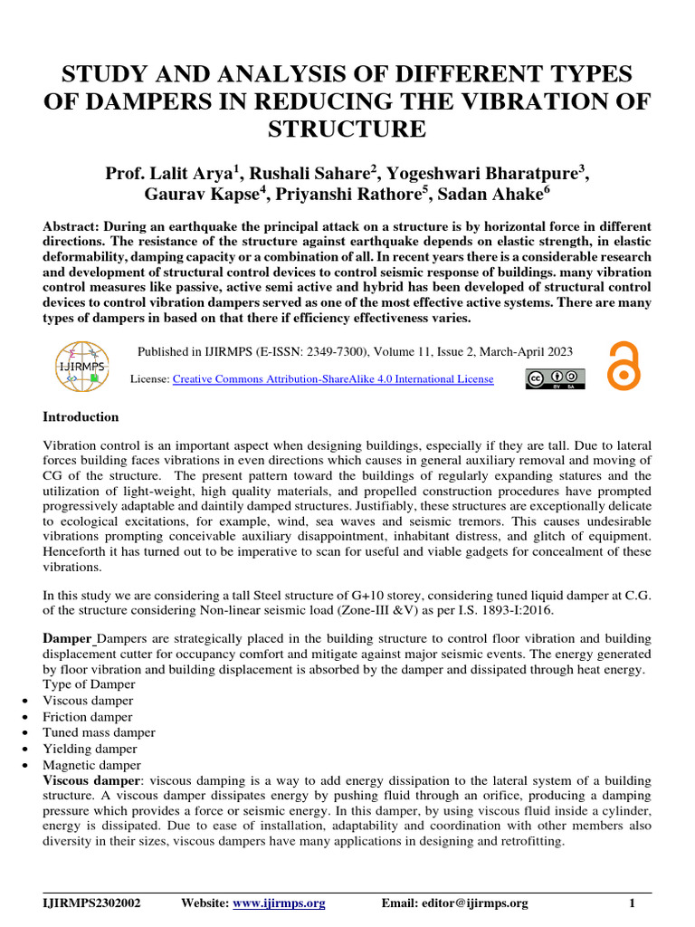 Study and Analysis of Different Types of Dampers in Reducing The Vibration of Structure | PDF ...