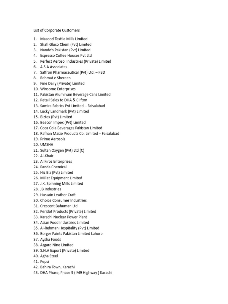 List of Corporate Customers | PDF