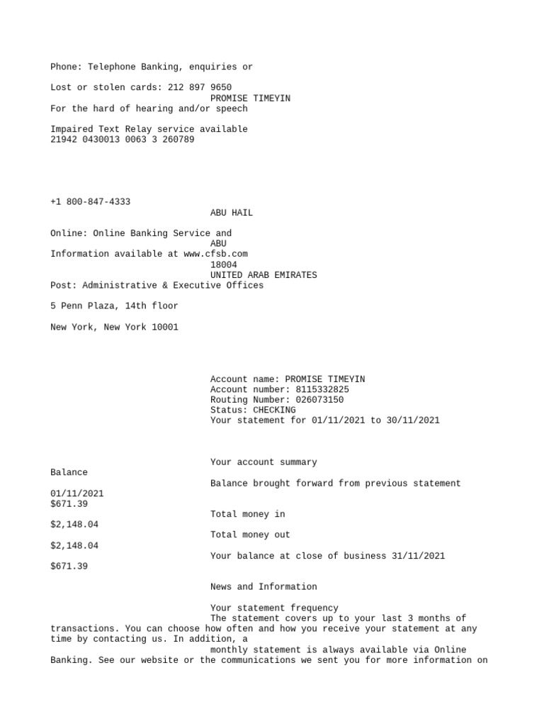 Promise Timeyin CFSB Bank Statement | PDF | Transaction Account | Overdraft