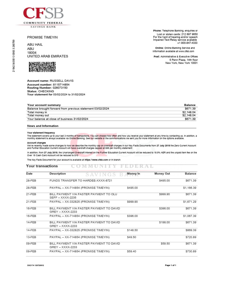 Promise Timeyin CFSB Bank Statement | PDF | Transaction Account | Overdraft