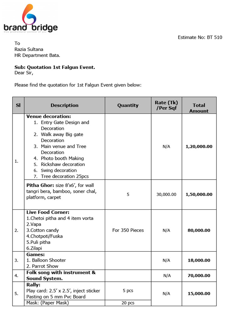 E-510_Quotation for 1st Falgun Event | PDF