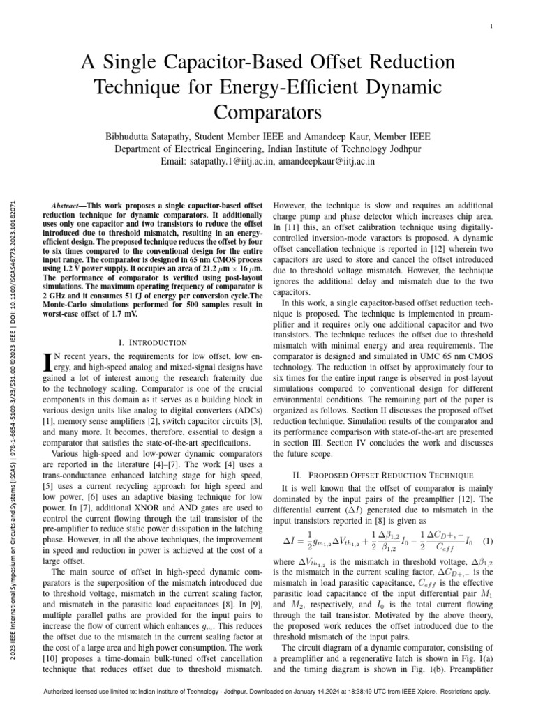 A Single Capacitor-Based Offset Reduction Technique For Energy-Efficient Dynamic Comparators ...
