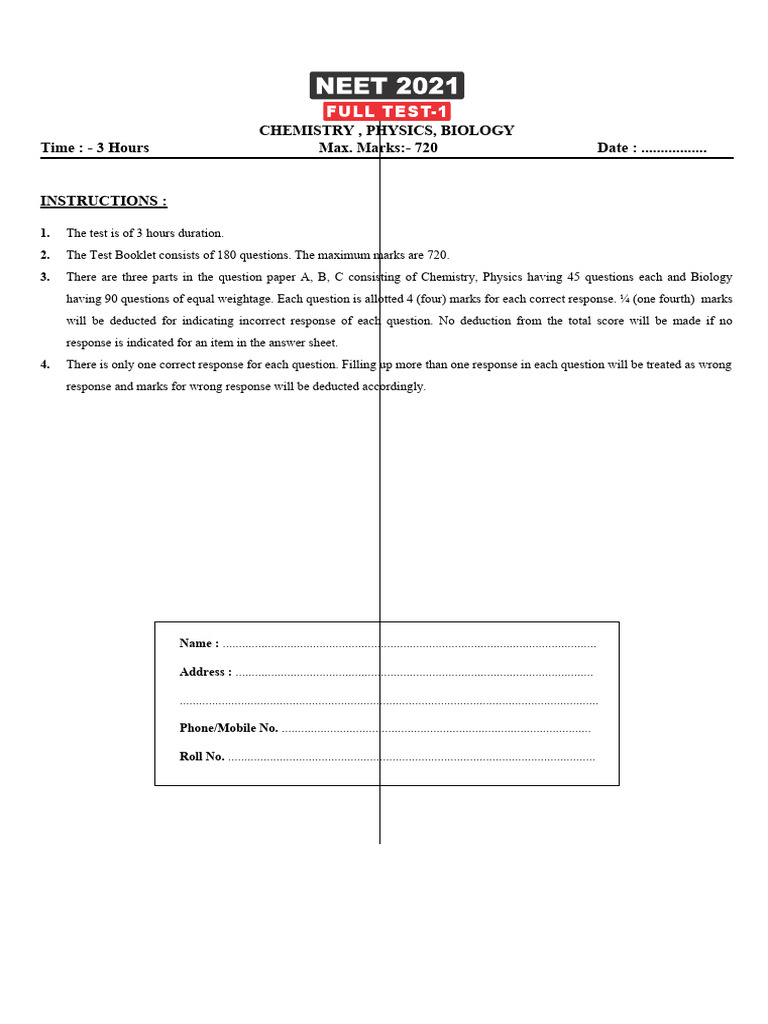 Neet Full Test-1 | PDF | Chlorine | Force