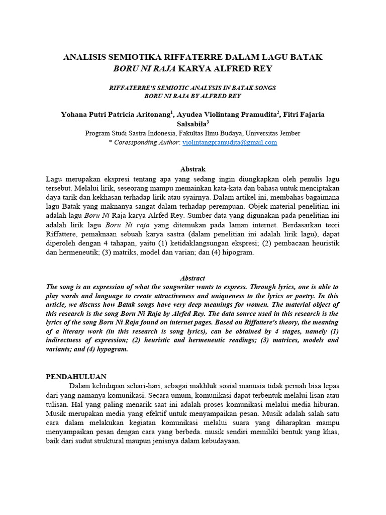 ANALISIS SEMIOTIKA RIFFATERRE DALAM LAGU BATAK BORU NI RAJA KARYA ...