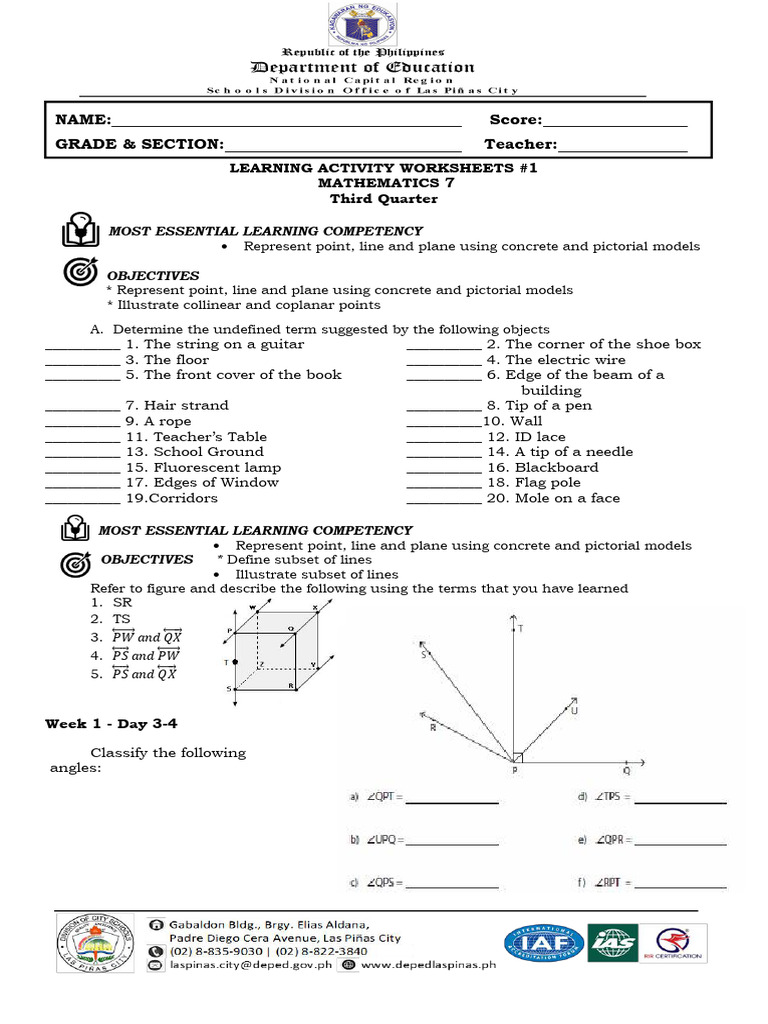 Name: Score: Grade & Section: Teacher:: Learning Activity Worksheets #1 Mathematics 7 Third ...