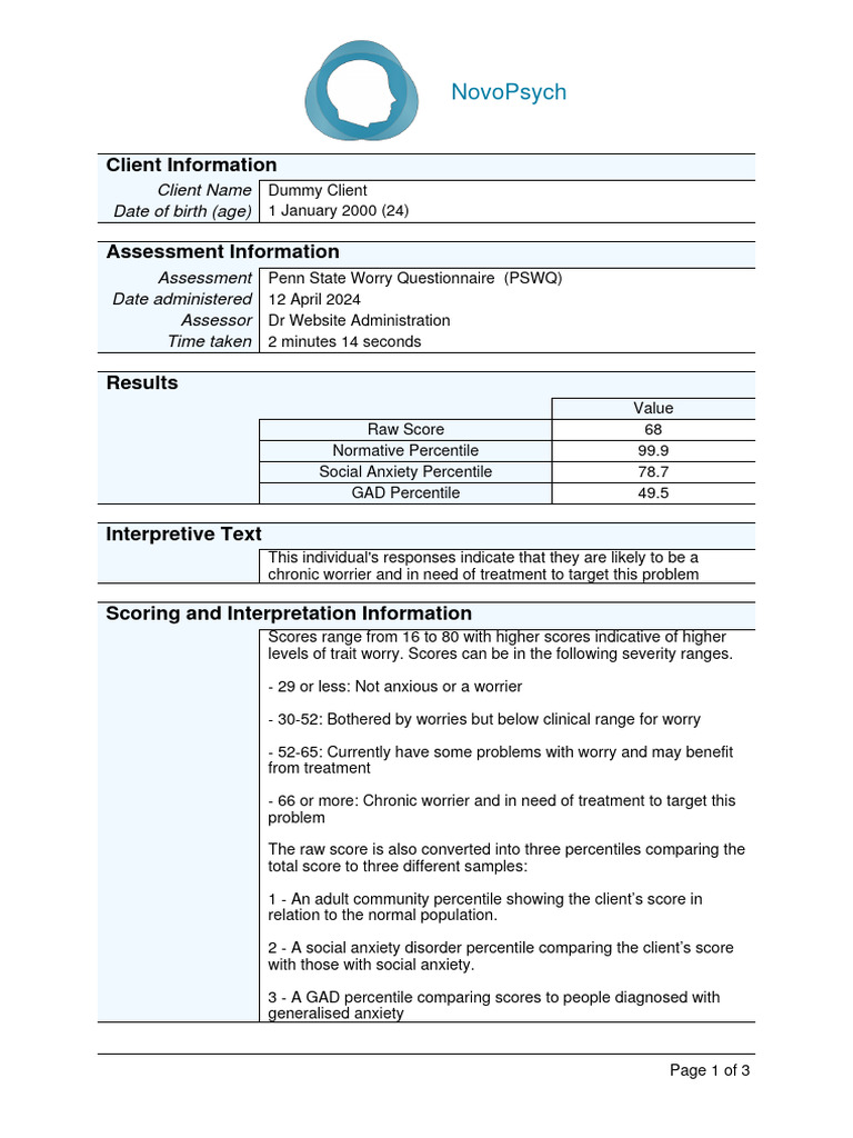 Dummy Client PSWQ 2024-04-12 | PDF | Anxiety Disorder | Generalized ...