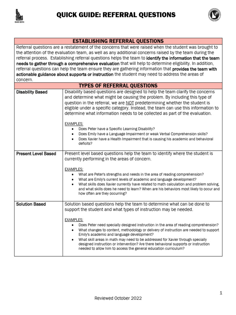 Quick Guide Referral Questions | PDF | Reading Comprehension | Disability
