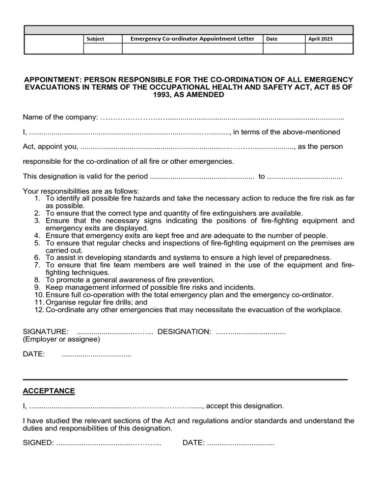 Appointment Letter. Emergency Co Ordinator | PDF | Fire Safety ...
