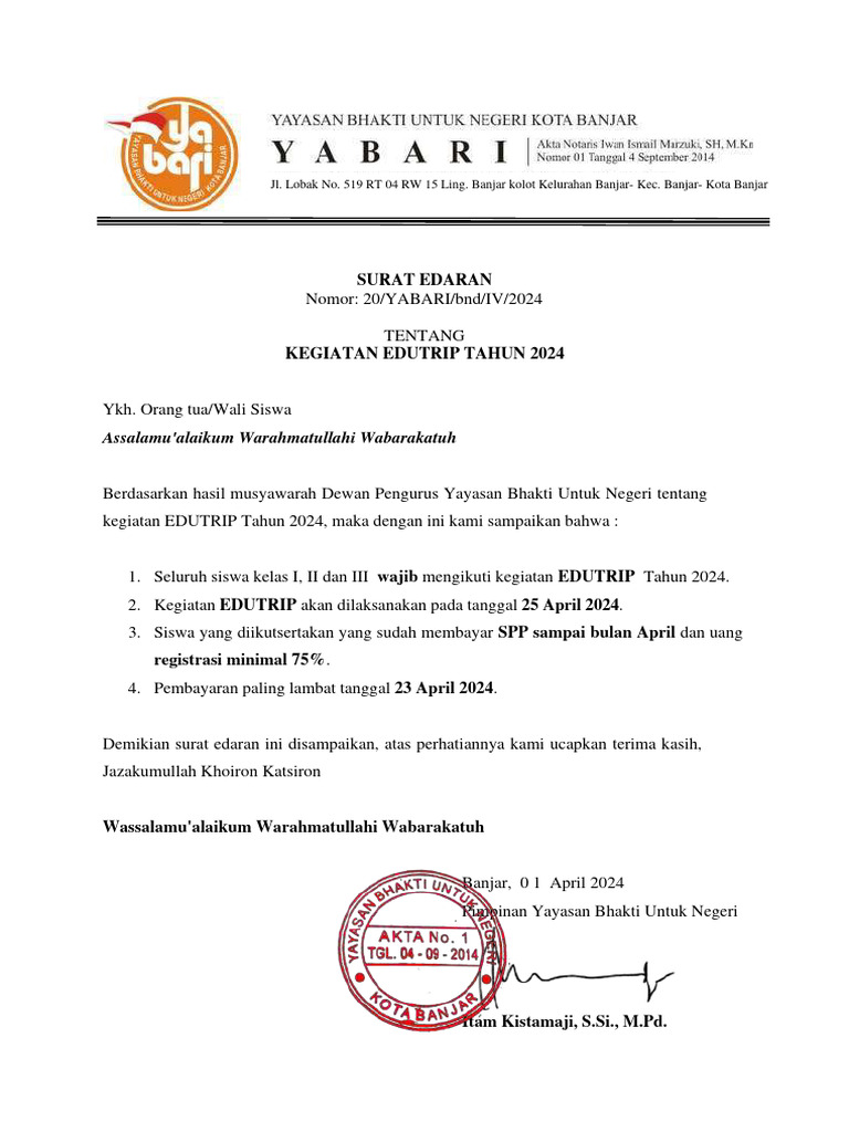 Surat Edaran Yayasan Edutrip Kelas Kecil 2024 | PDF