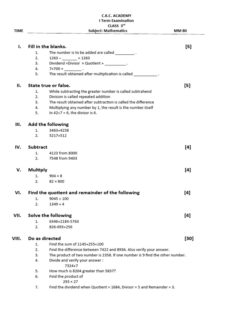 Class 3 Maths 1 Term Pdf Subtraction Division Mathematics
