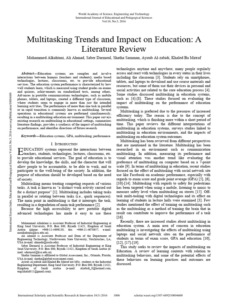 Multitasking Trends and Impact On Education: A Literature Review | PDF ...