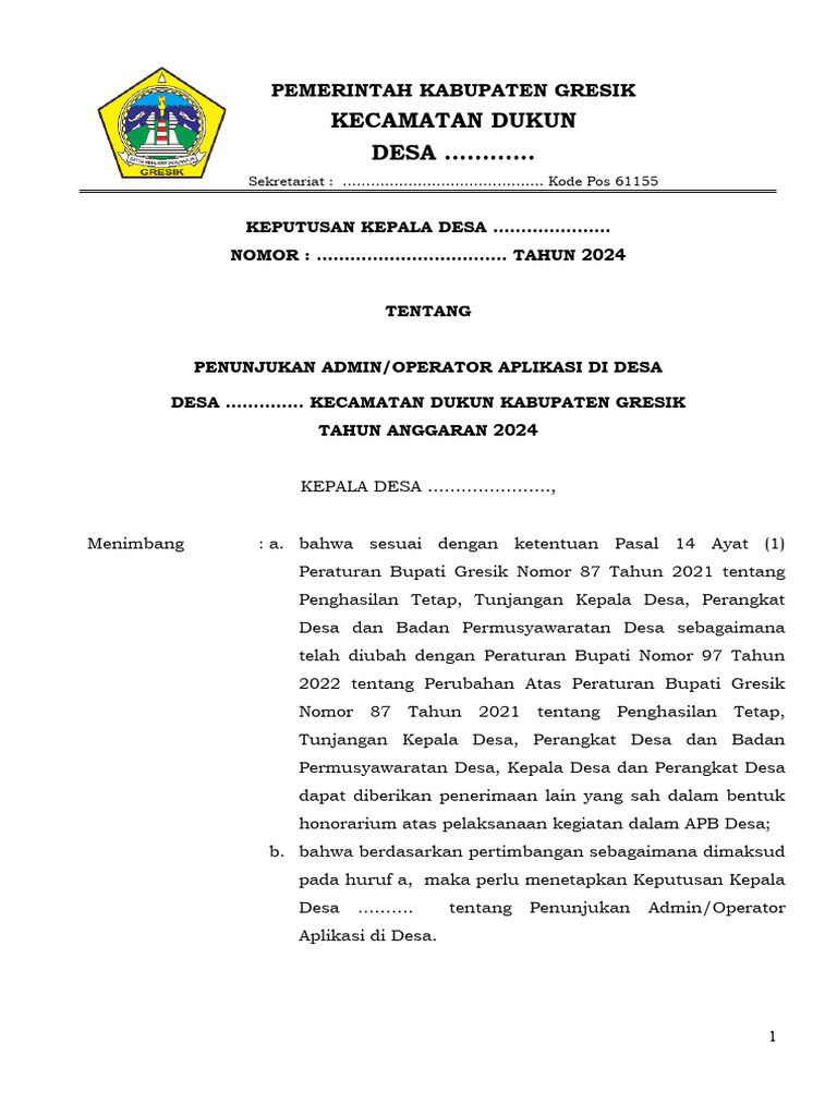 Contoh SK Admin-Operator Aplikasi Di Desa | PDF