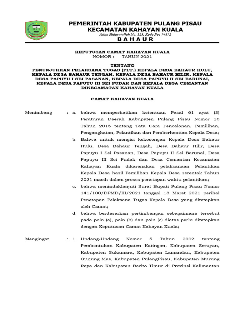 SK. Penunjukan Plt. Kades | PDF