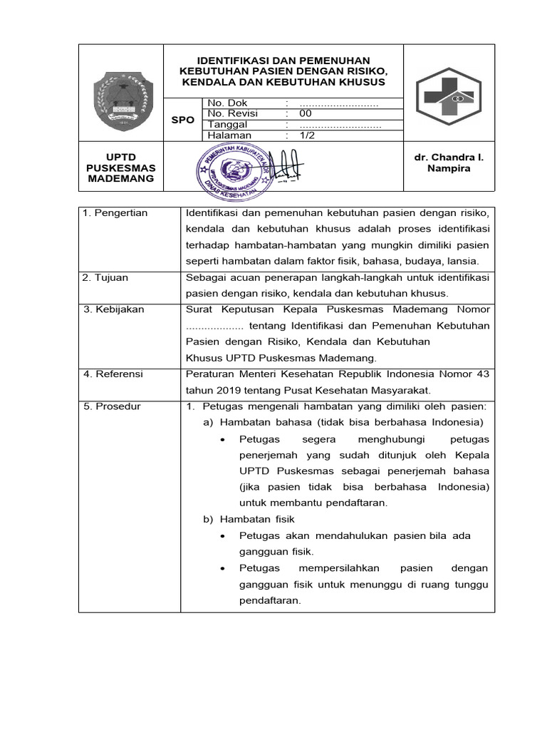 Sop Identifikasi Dan Pemenuhan Kebutuhan Pasien Dengan Risiko, Kendala Dan Kebutuhan Khusus | PDF
