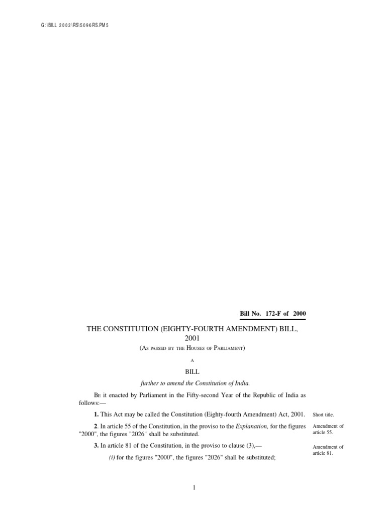 Constitution (84th Amendment) Bill 2001 | PDF | Public Law | Statutory Law